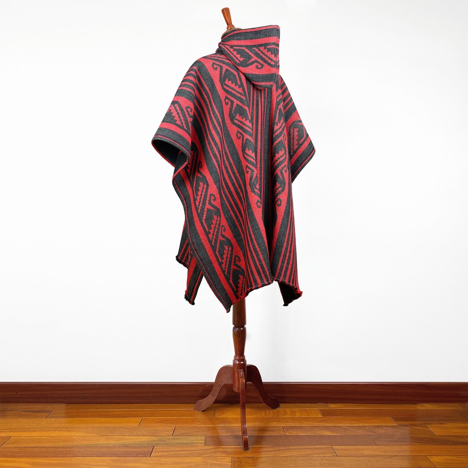 LLAMA WOOL UNISEX SOUTH AMERICAN PONCHO PULLOVER BLACK&RED AZTEC ...