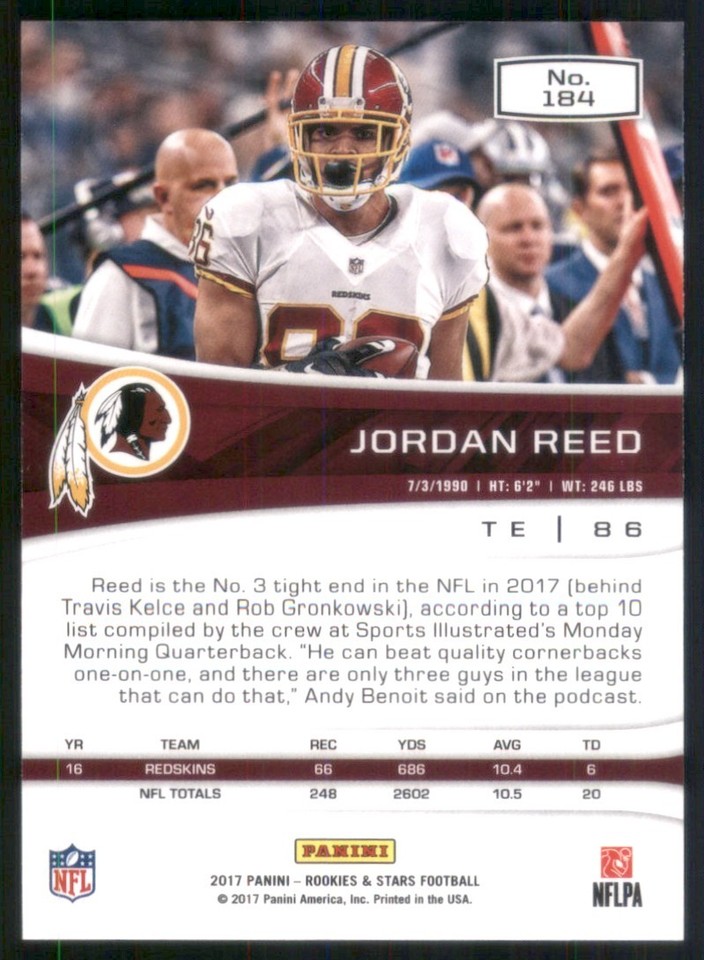 2017 Rookies & Stars #184 Jordan Reed Washington Redskins 48127 | eBay