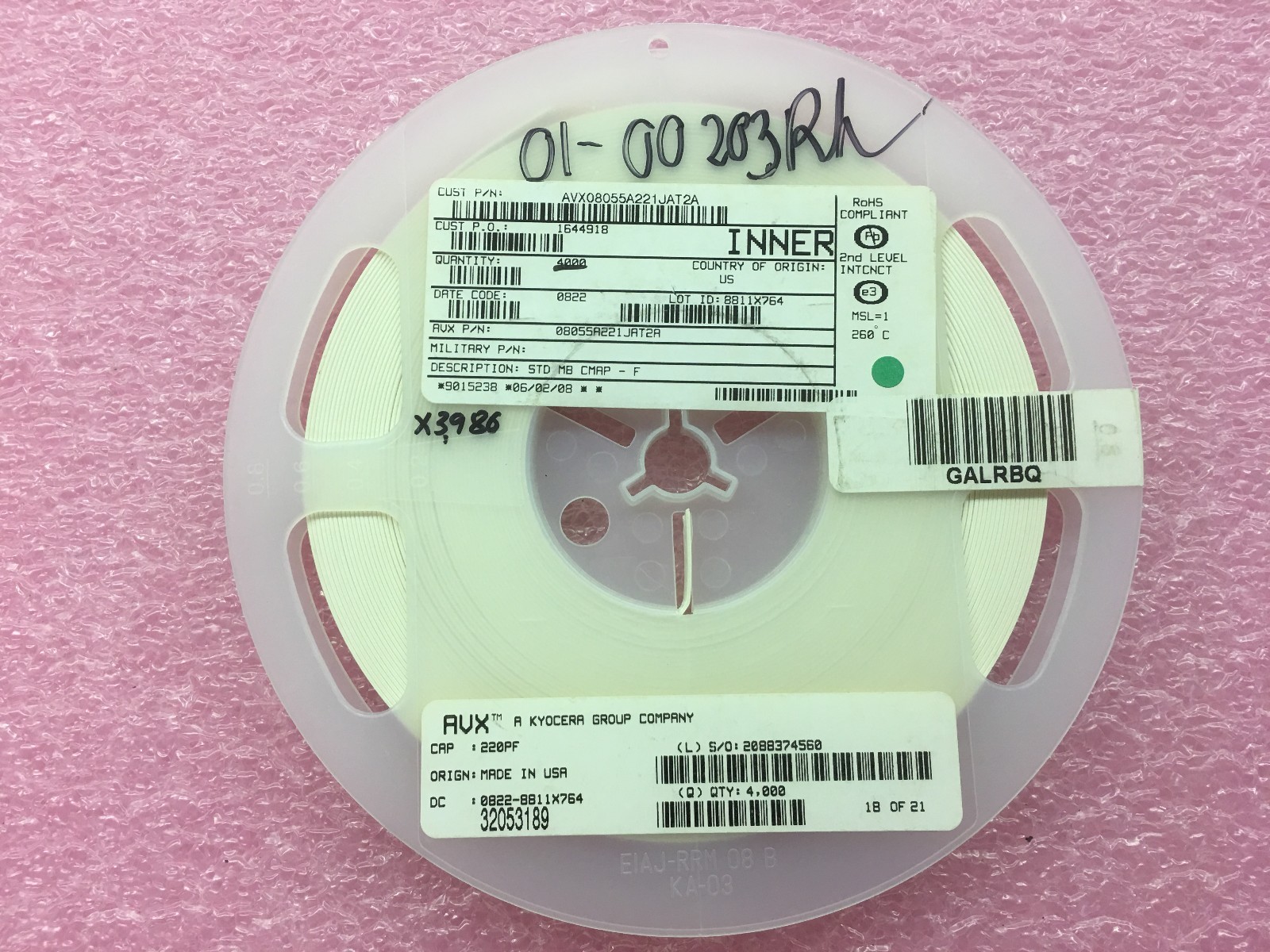 (3,986 PIECE REEL) 08055A221JAT2A, AVX, CAP CER 220PF 50V C0G/NP0 0805 ...