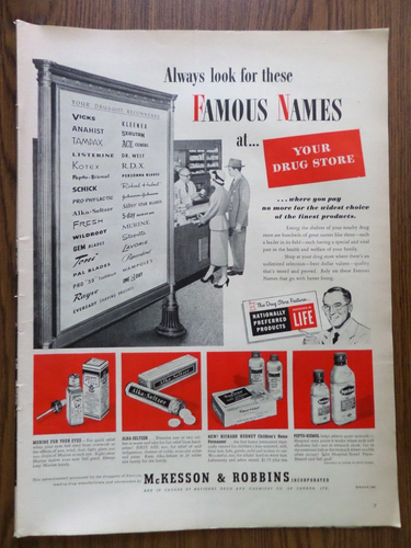 1951 McKesson & Robbins Drug Store Ad Look for these Famous Names | eBay