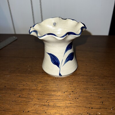 Williamsburg Salt Glaze Pottery Vase Blue Leaf Pattern And Hole For ...