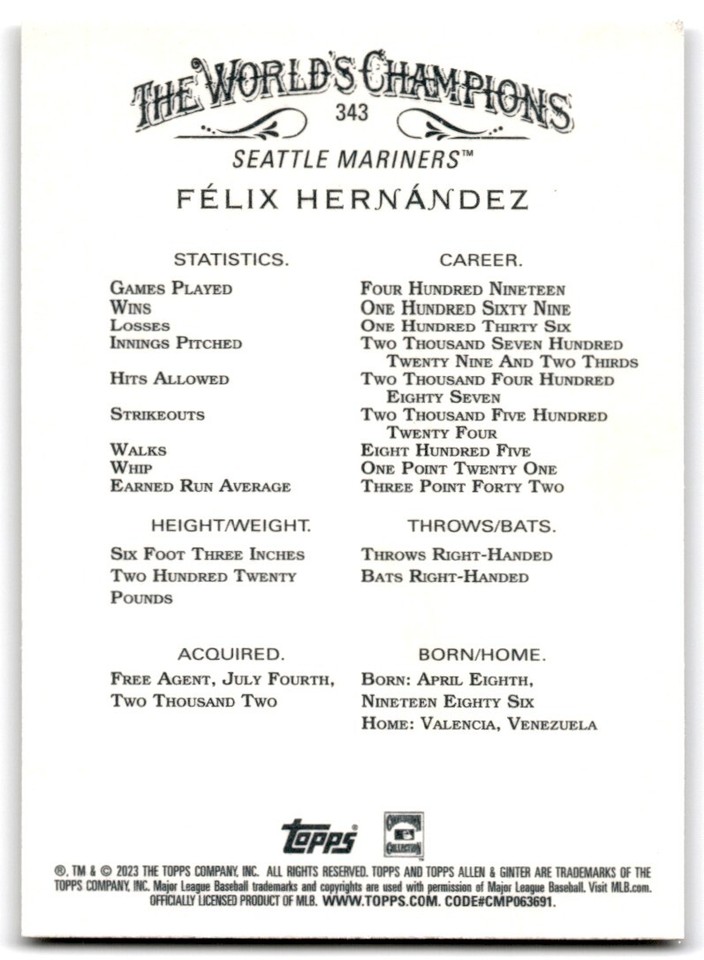 2023 Topps Allen & Ginter Short Print Felix Hernandez Seattle Mariners ...