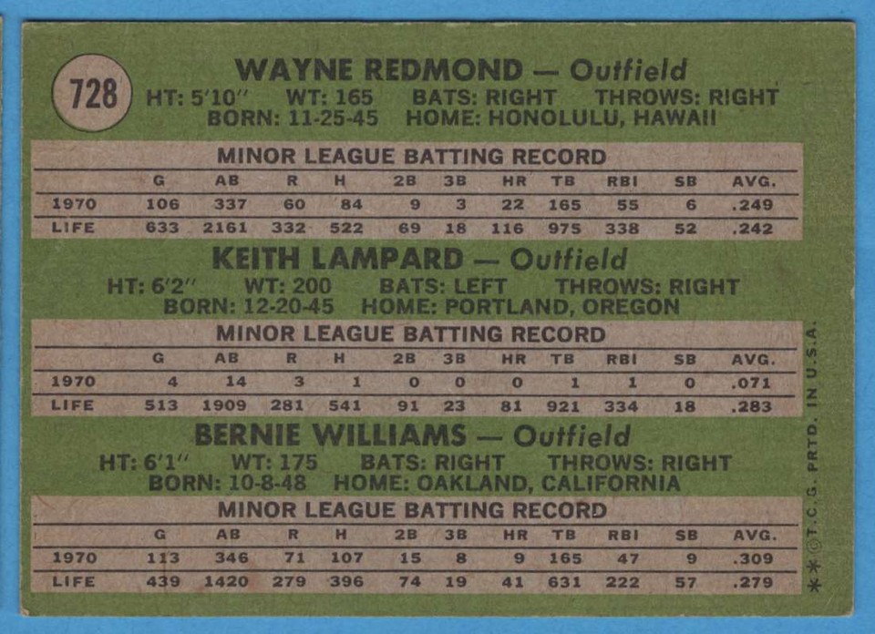 1971 Topps NL Rookie Outfielders - Redmond/Keith Lampard/Bernie ...