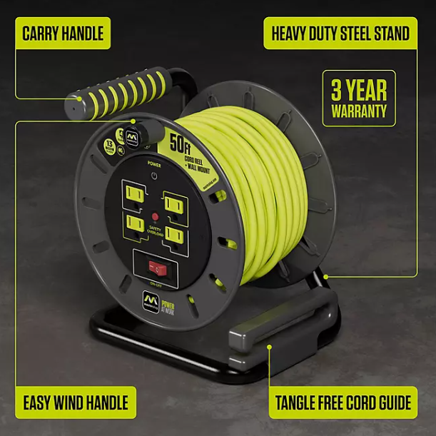 Masterplug 50ft Extension Cord Reel with 4 Sockets and Wall Mount, 13A ...