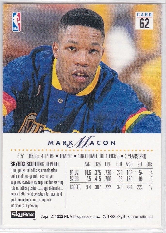 M) 1993-94 Skybox Basketball Trading Card - Mark Macon #62 | eBay