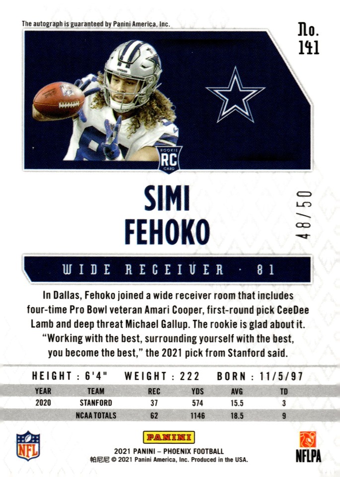 2021 Panini Phoenix #141 Simi Fehoko Rookie Autographs Pink #/50 | eBay