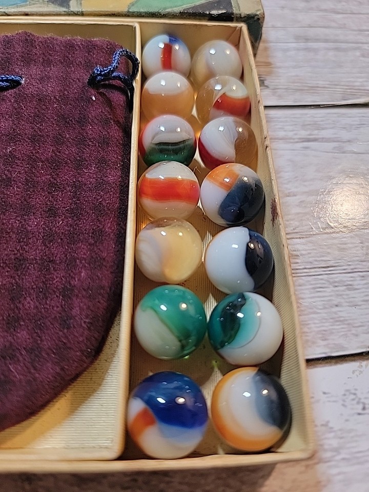 Estate Find Vitro Helmet Marbles With Bag In Stained Glass Jobber Box ...