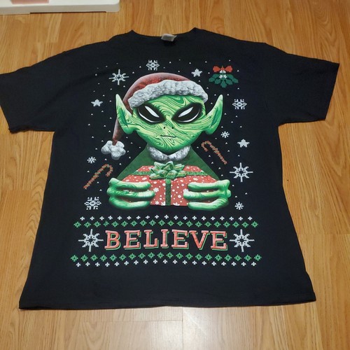 Christmas Alien Martian UFO Believe Ugly Sweater T-shirt Adult L Fruit ...