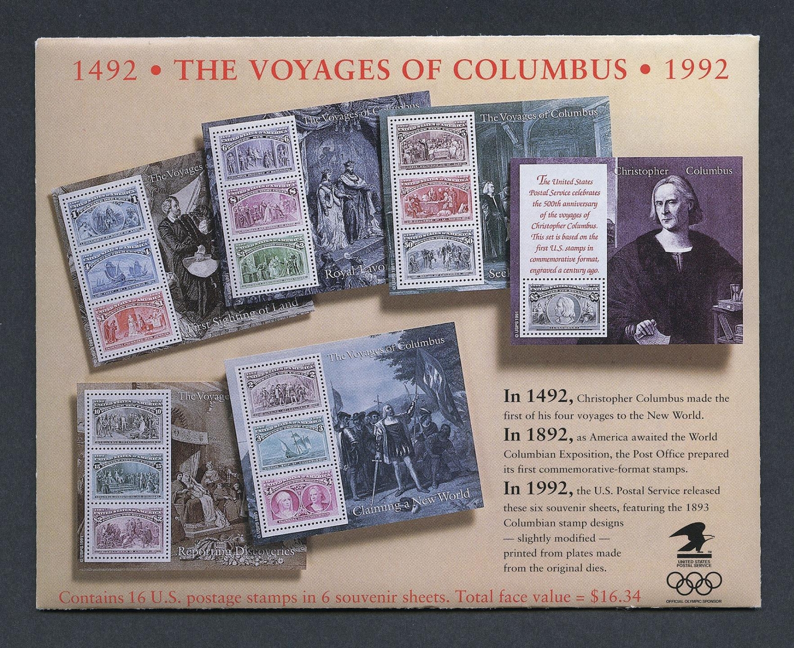 Dealer Dave Stamps US 1992 COLUMBIAN REPRINT ISSUE #2624-29, MNH ...
