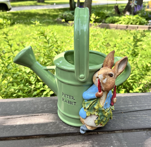 Peter Rabbit Beatrix Potter Ceramic Planter Green Watering Can 9" Vase ...