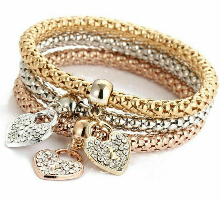 3 Stylish CHARM Rhinestone HEARTS Stack BRACELETS 3 Tone Gold Rose ...