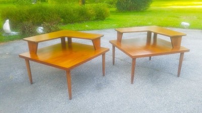 Vintage Mid Century Walnut Boomerang Corner Step Tables -Merton Gershun ...