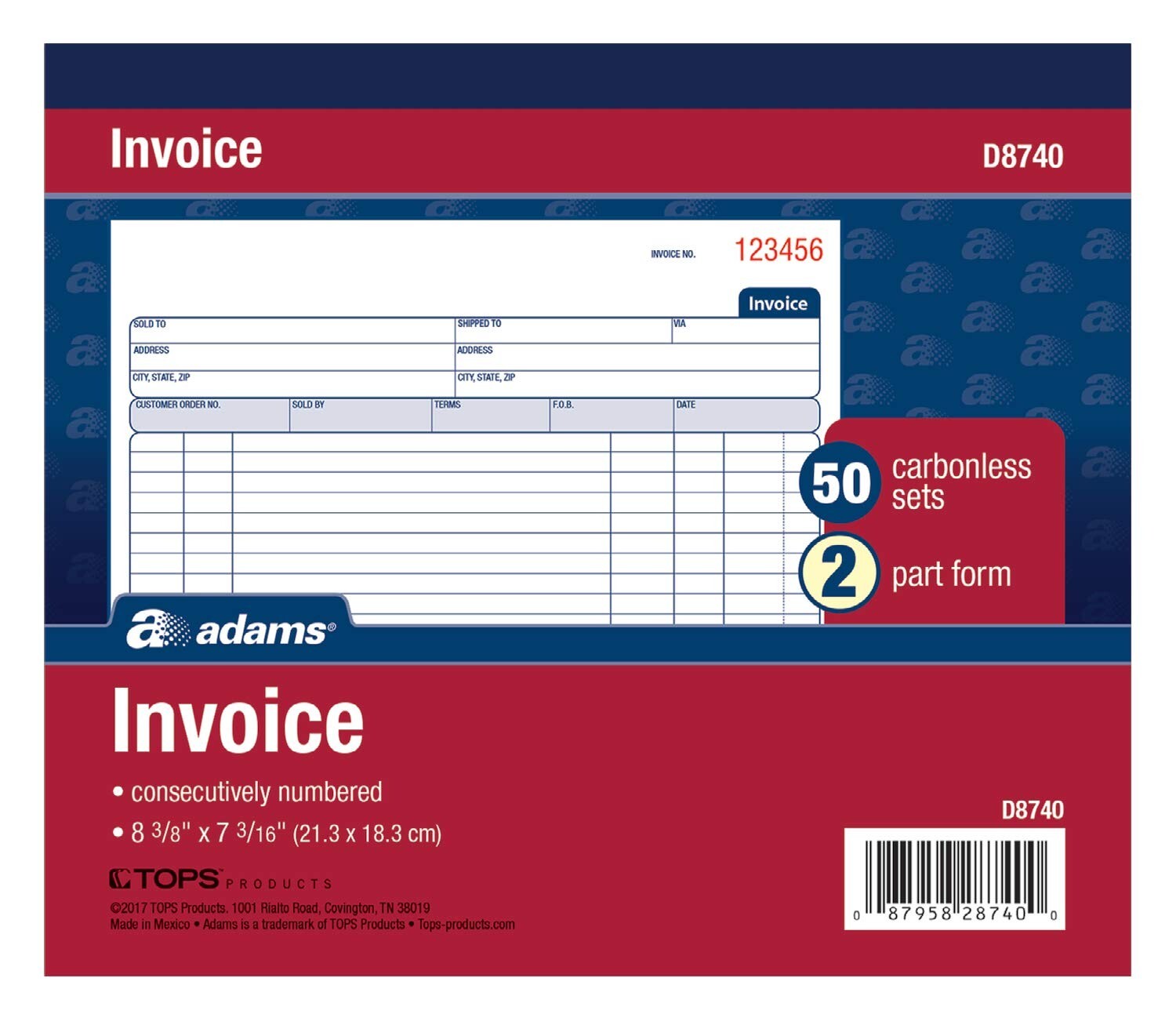 Adams D8740 Invoice, 50 Carbonless Sets, 2 Part Form, 8 3/8" x 7 3/16 ...