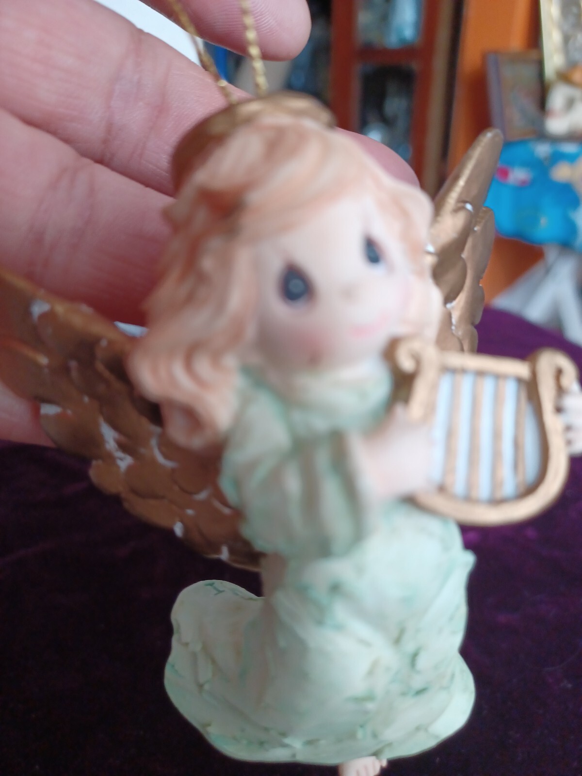 Precious Moments 1996 PMI Angel Arp Ornament 4" tall green and golden ...