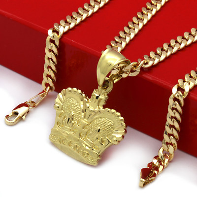 Mens 18k Gold Plated King Crown Royalty Pendant 5mm 24" Cuban Necklace ...