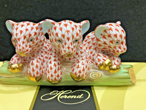 HEREND HUNGARY,BABY SIBERIAN TIGERS ON LOG RED FISHNET FIGURINE,BRAND ...