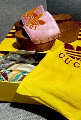 Gucci x Adidas GG Pink Satin Platform Sandals Clogs Women’s Size US 8 ...