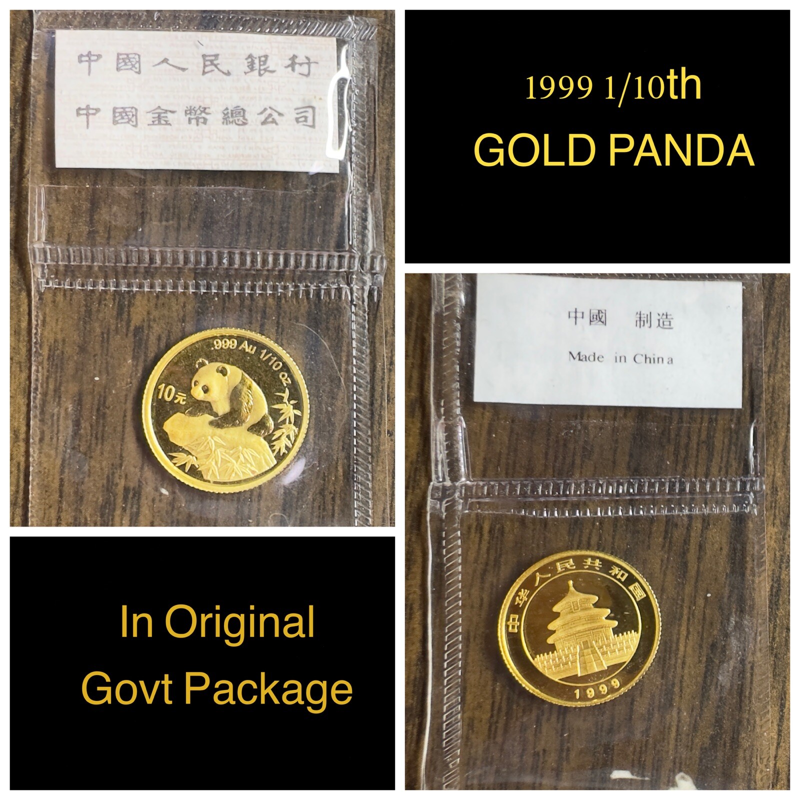 1999 China 1/10th Oz .999 Gold Panda 10 Yuan coin sealed original govt ...