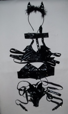 Faux leather strappy devil horn/wing bra & panties w/headband set S ...