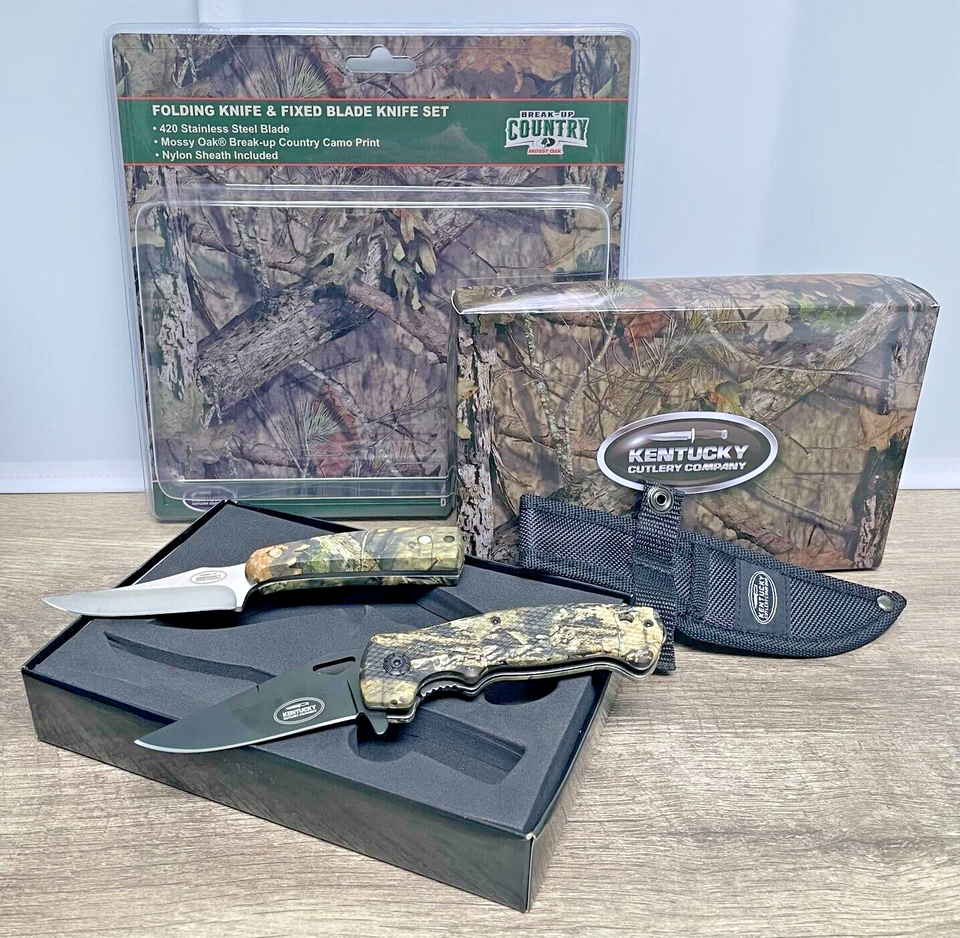 MOSSY OAK Camo 2-PC KNIFE SET Kentucky Cutlery Folding & Fixed Blade w ...