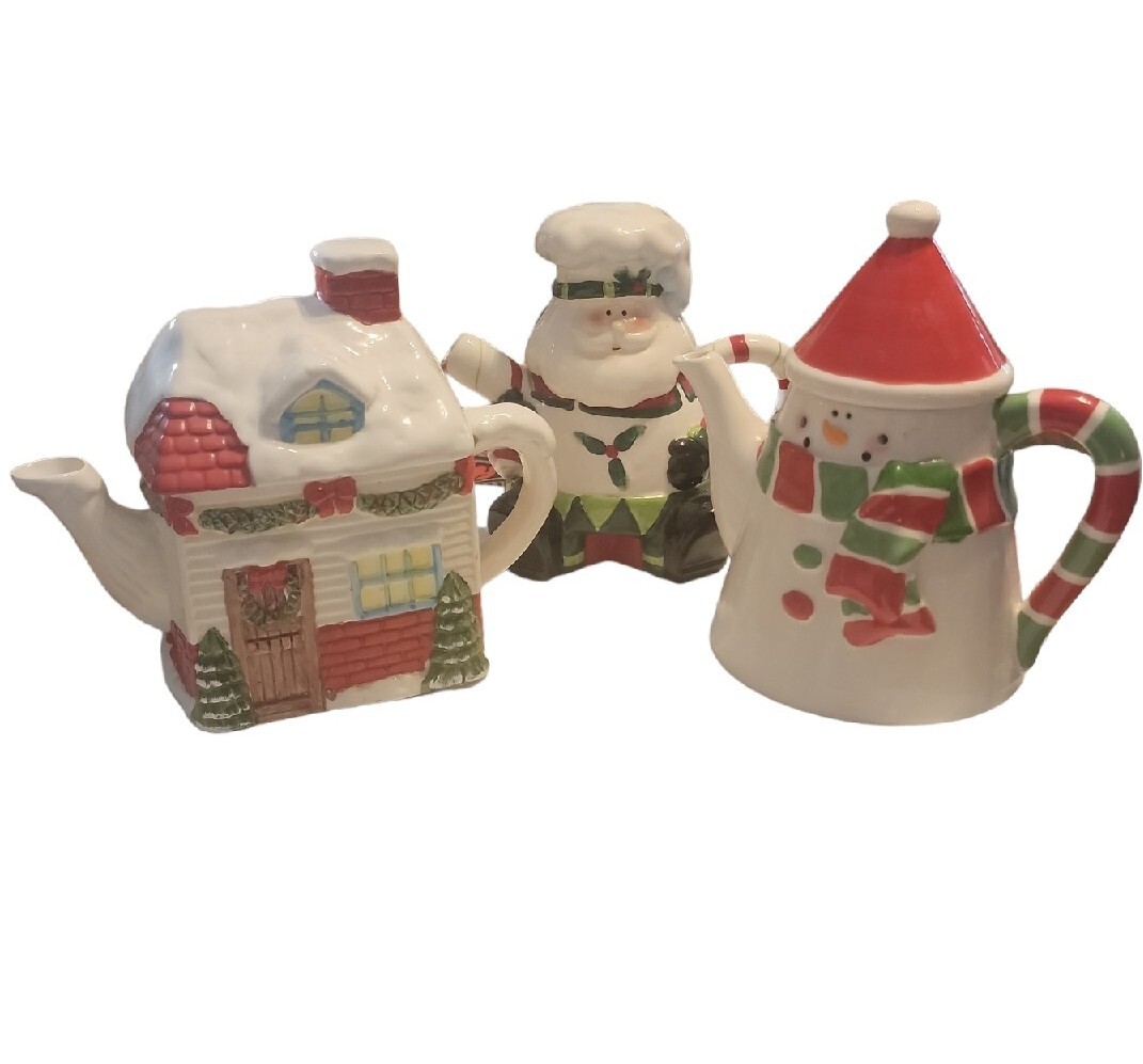 Lot of Three Whimsical Christmas Teapots Snowman Santa Winter Cottage ...