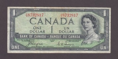 CANADA P.66a-2817 1 DOLLAR 1954 DEVIL'S HAIR QE IIPFX C/A FINE-VF WE ...