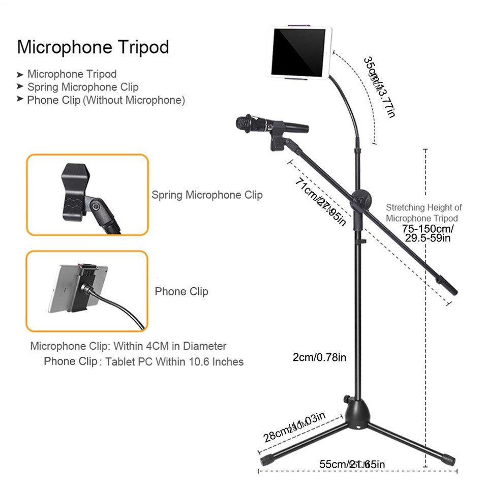 360° Rotating Microphone Stand Mic Clip Boom Arm Foldable Tripod Floor ...