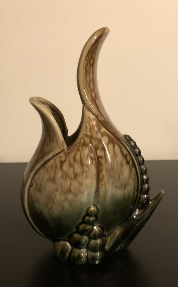 VTG. HULL POTTERY EBB TIDE VASE, GREEN BROWN SEA NAUTICAL ORGANIC POD ...