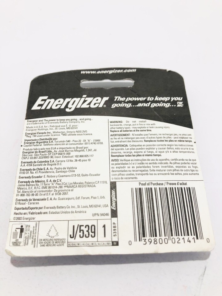 NIP (1) PKG ENERGIZER J/539 BATTERY 6.0V 4LR61 ALKALINE | eBay
