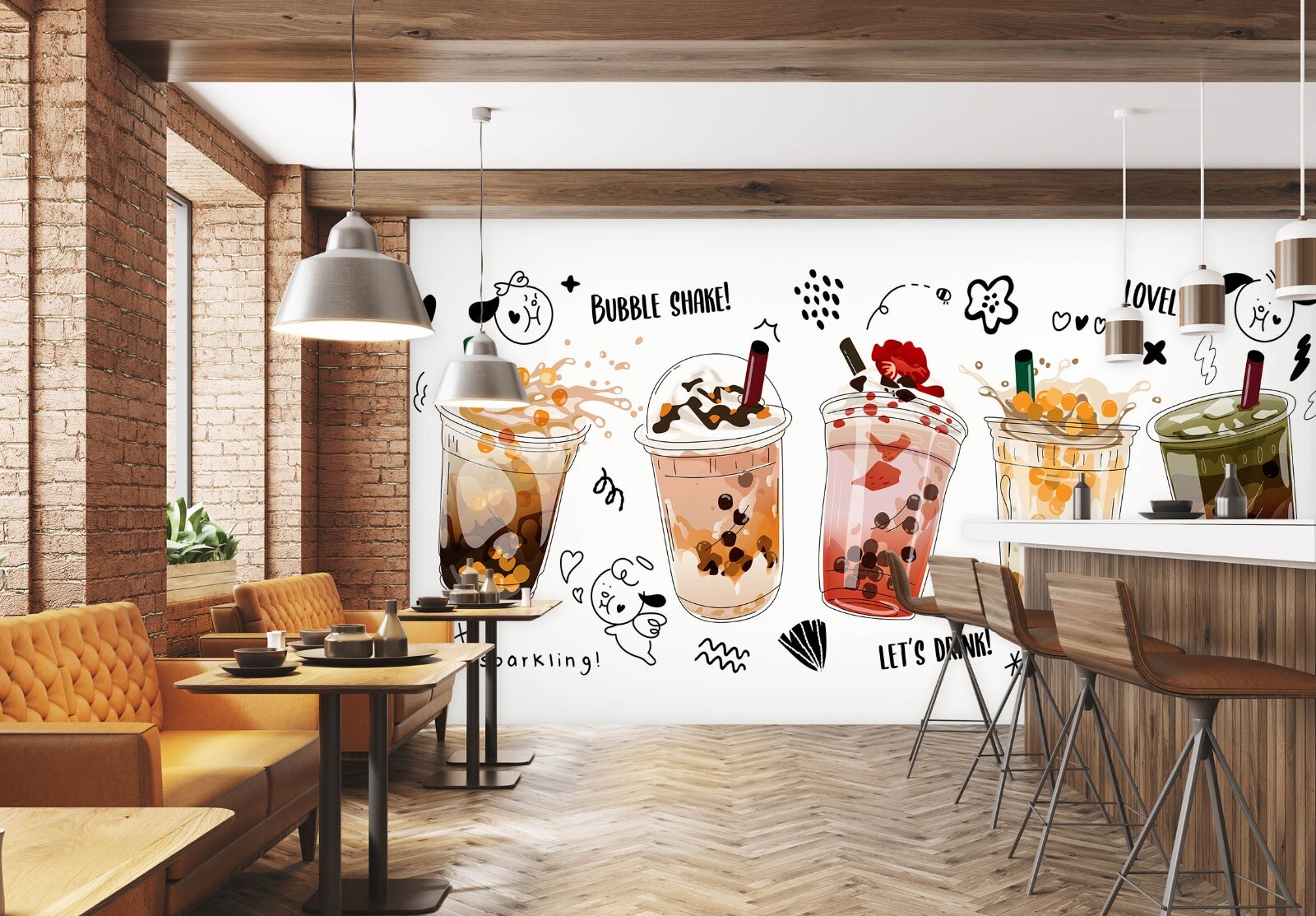 3D Pearl Tea O86 Fruit Bubble Tea Milk Tea Shop Wallpaper Mural Self ...