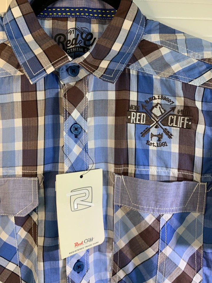 Red Cliff Short Sleeve Men's Blue Brown White Checked Button Up Shirt ...