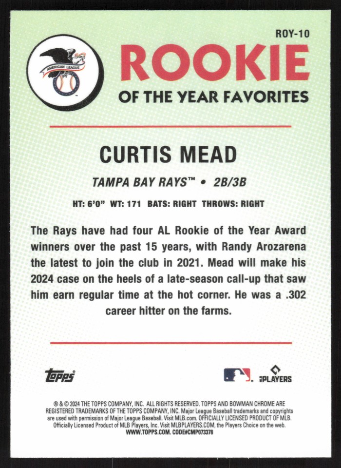 2024 Bowman #ROY-10 Curtis Mead Rookie of the Year Favorites Chrome ...