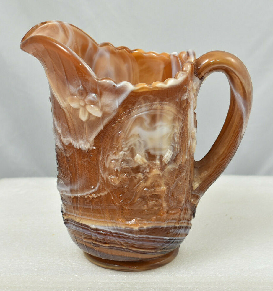 Vintage brown Slag Glass Pitcher Windmill Tree Scene Autumn Brown White ...