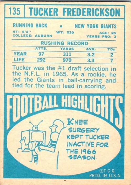 1968 TOPPS FOOTBALL #135 TUCKER FREDERICKSON MID GRADE JA | eBay