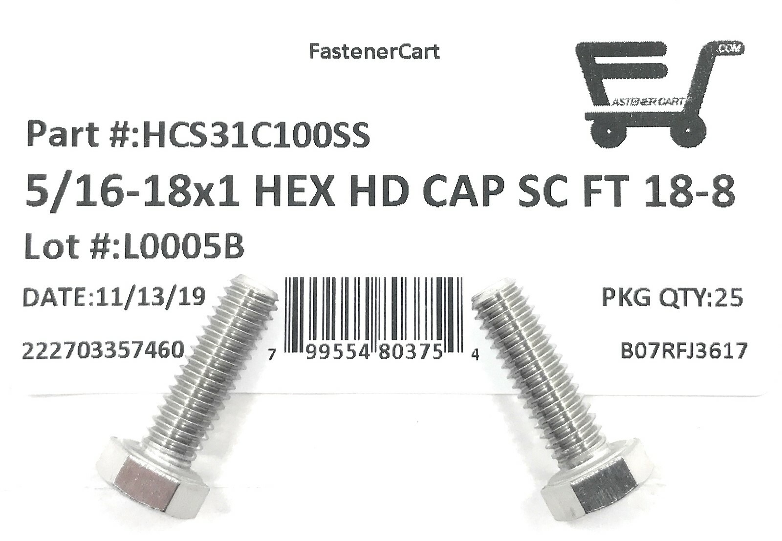 (25) 5/16-18x1" Stainless Steel Hex Cap Screws FT Hex Bolts Free ...