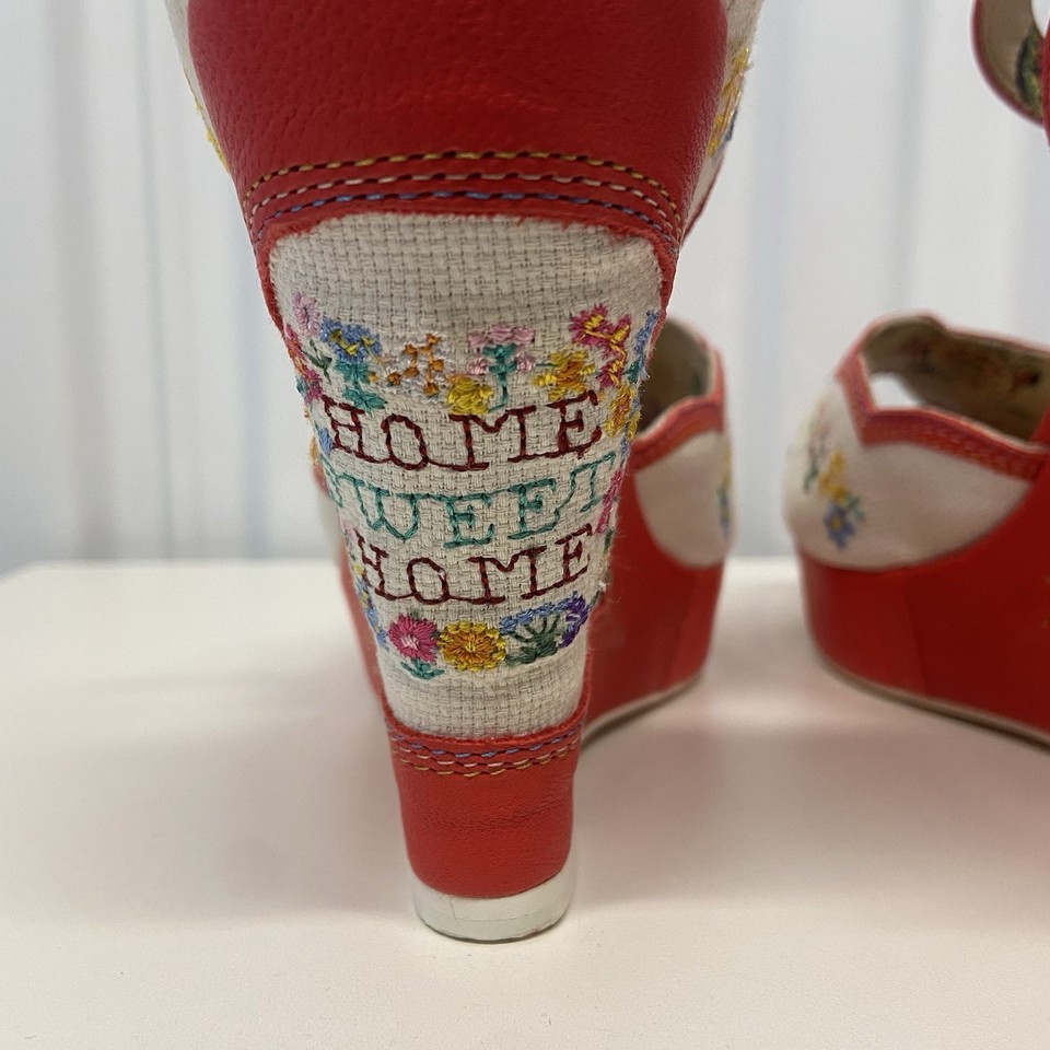 Miss L Fire Home Maker Home Sweet Home Needlepoint Peep Toe Wedge Heels ...