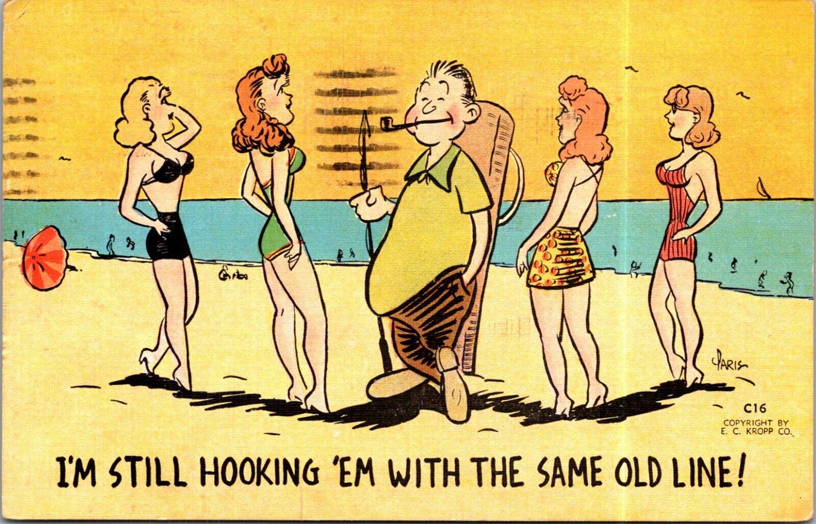 Risque Comic Postcard Pretty Woman Beach Bathing Beauty Frumpy Girl