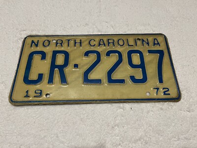 Vintage 1972 NC North Carolina License Plate Auto Tag CR-2297 Blue ...
