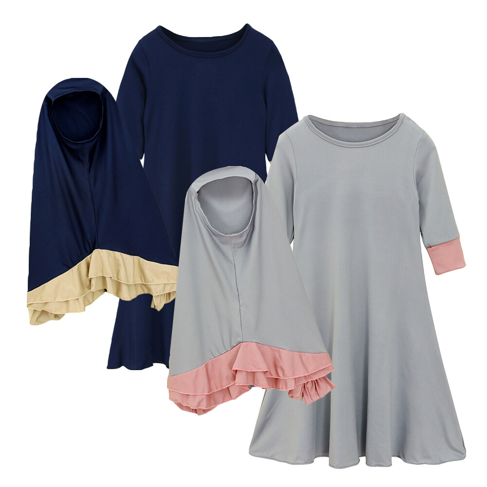 Muslim Kids Girls Prayer Dress Burka Scarf Hijab Set Islamic Kaftan ...