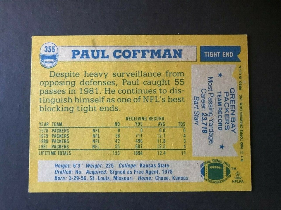 1982 Topps PAUL COFFMAN #355 Green Bay Packers Kansas State Wildcats | eBay