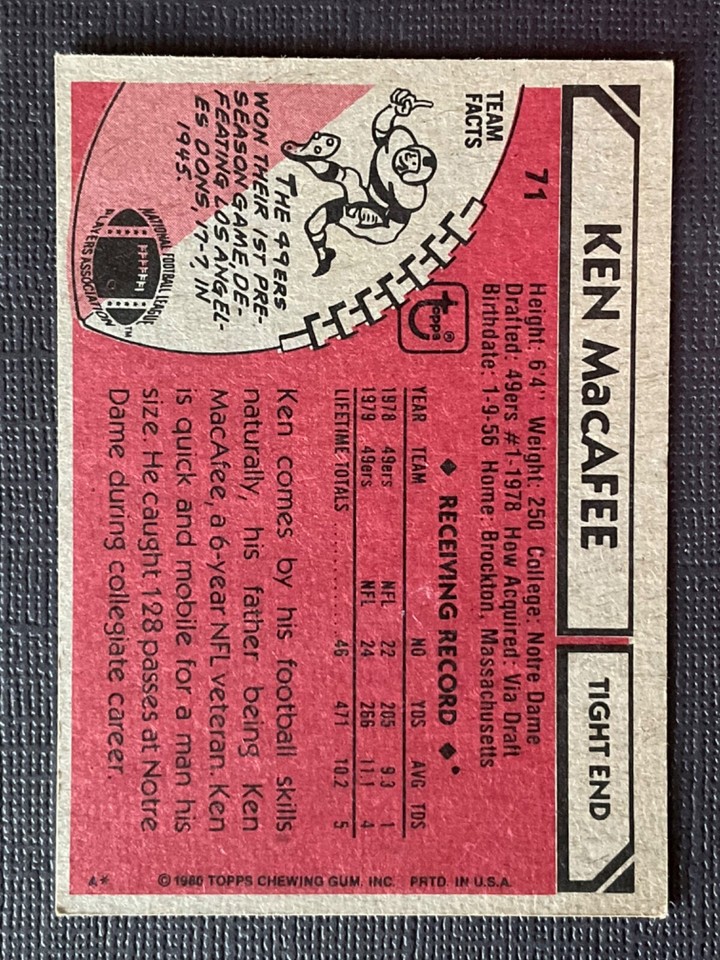 Ken Macafee 1980 Topps Football Card #71 - San Francisco 49ers NM | eBay