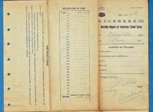 1911 NEW YORK CENTRAL & HUDSON RIVER RAILROAD ~ INTERLINE TICKET SALES ...