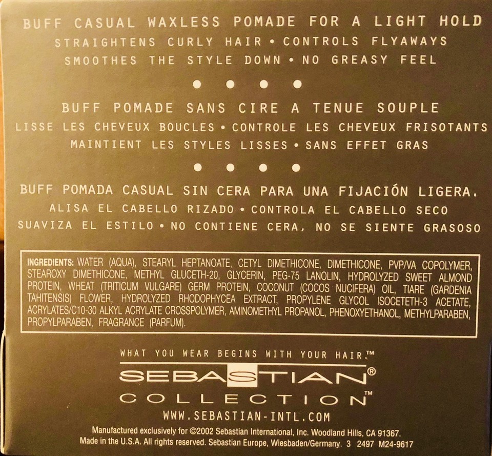 SEBASTIAN BUFF WAXLESS ANTI FRIZZ POMADE & SMOOTHER 4.4 OZ UPC ...