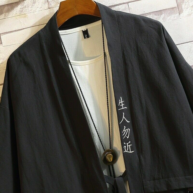 Men Japanese Embroidery Kimono Jacket Coat Harajuku Cardigan Cargo ...