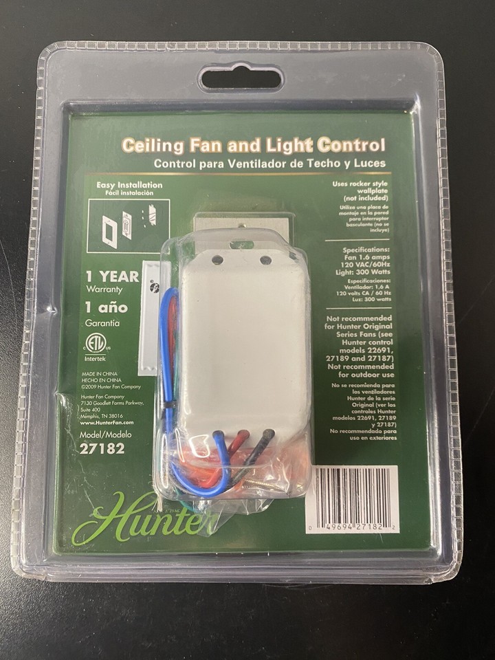 HUNTER Model 27182 Ceiling Fan & Light Control 3 Fan Speeds 120 Volts ...