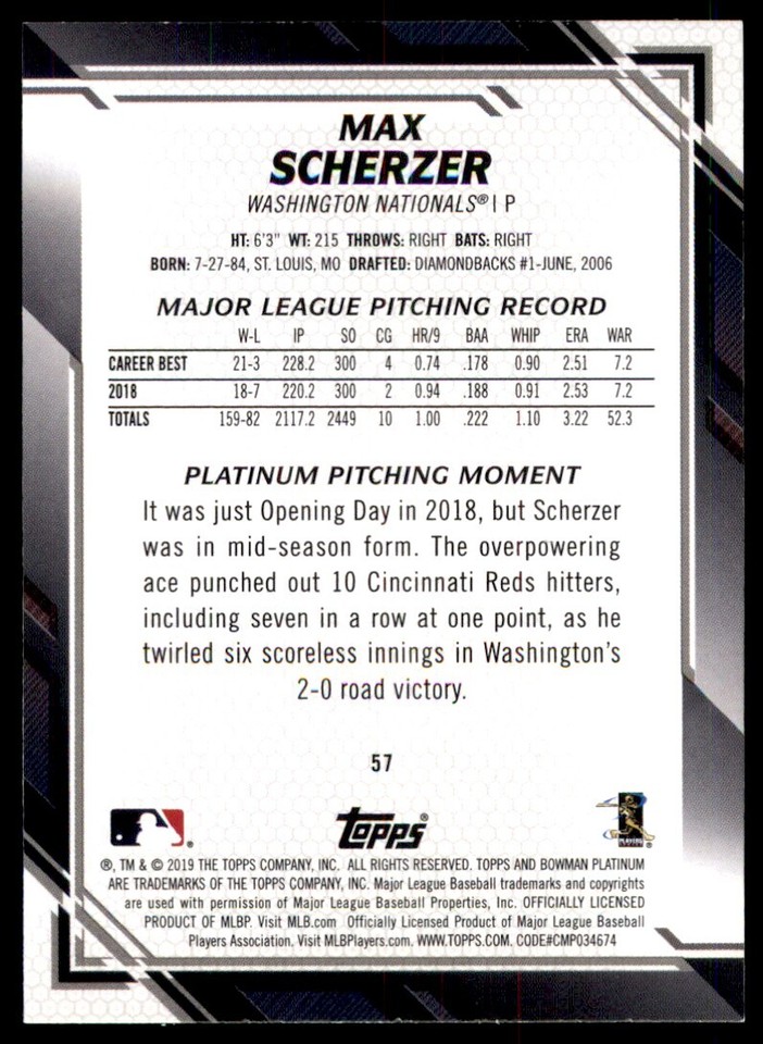 2019 Bowman Platinum Max Scherzer Washington Nationals #57 | eBay