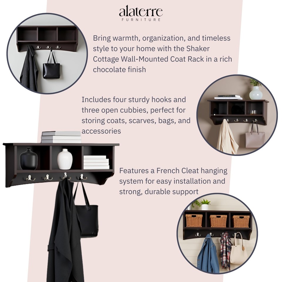 Shaker Cottage Wall-Mounted Coat Rack with 3 Storage Cubbies and Hooks ...