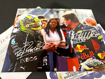 HAND SIGNED LEWIS HAMILTON + MAX VERSTAPPEN 10x8 GENUINE AUTOGRAPH ...