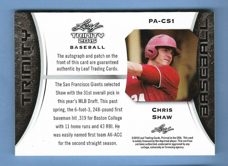 CHRIS SHAW 2015 LEAF TRINITY RC PROSPECT BRONZE AUTOGRAPH 4 CLR PATCH # ...