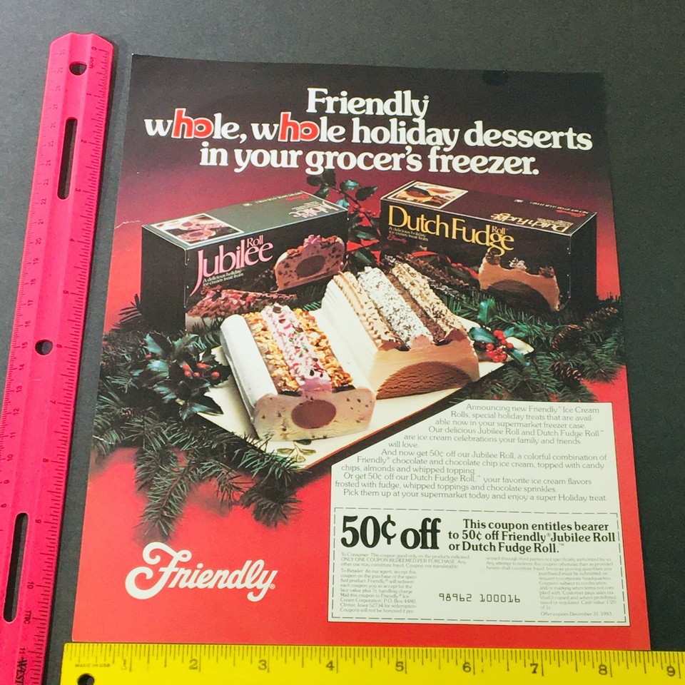 VTG Retro 1983 Friendly Jubilee Roll or Dutch Fudge Roll Desserts Ad ...